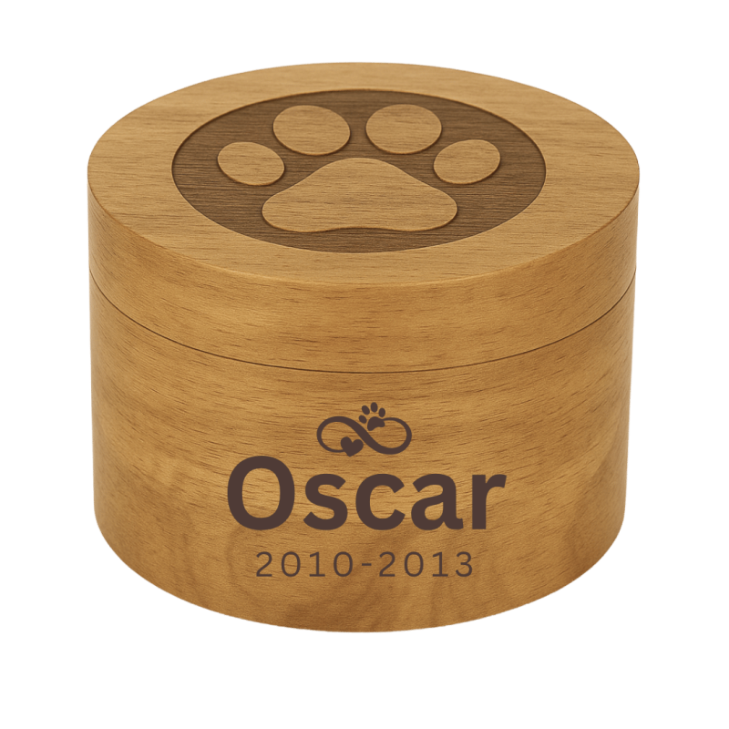 Wooden Dog Urn with Infinity Paw Heart Design