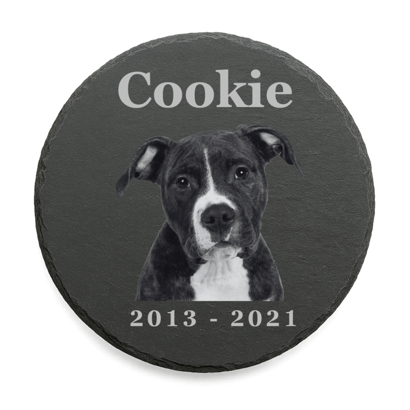 Round Slate Dog Grave Marker – Photo, Name & Dates